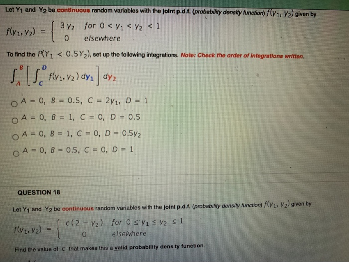 Solved Let Y4 and Y2 be continuous random variables with the | Chegg.com