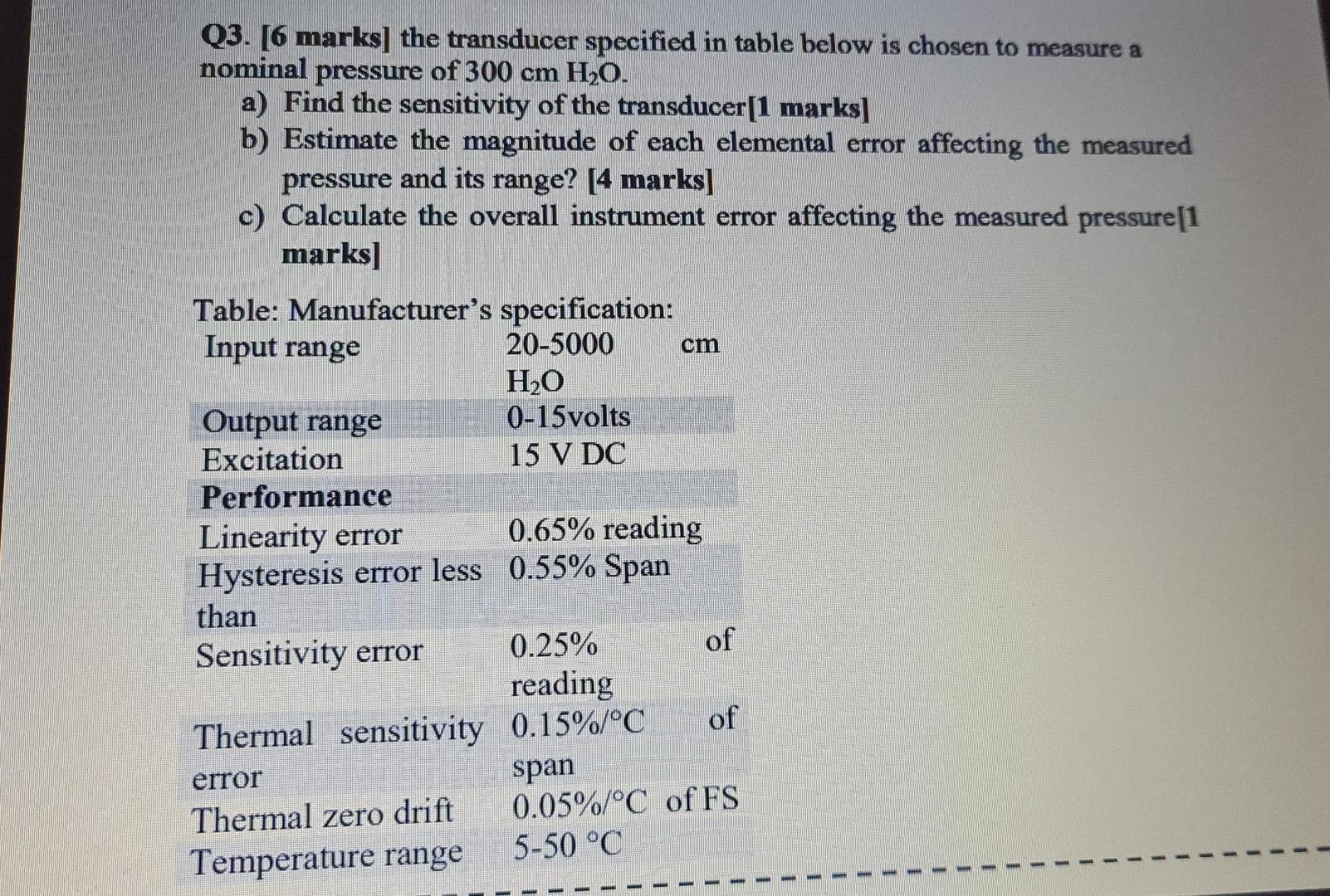 Solved Q3. [6 marks] the transducer specified in table below | Chegg.com