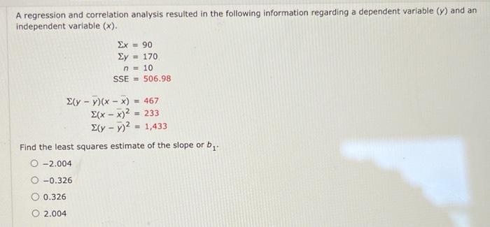 Solved A regression and correlation analysis resulted in the | Chegg.com