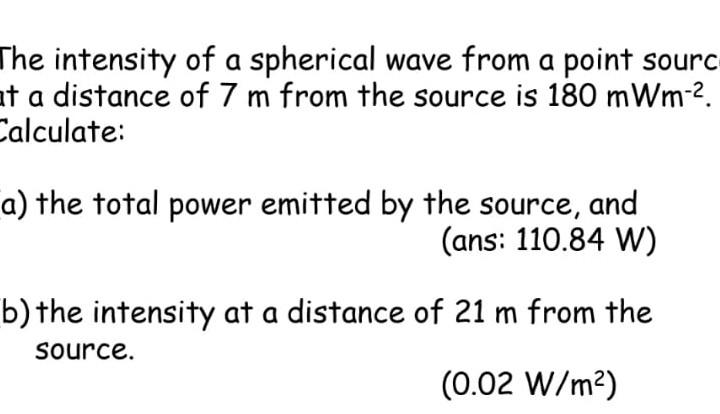 Solved The intensity of a spherical wave from a point sourc | Chegg.com