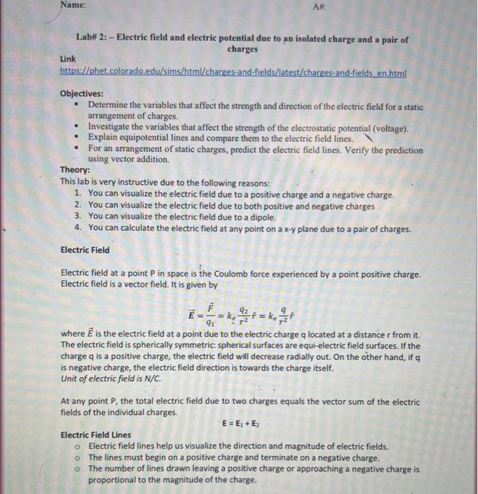 Solved Name: AA: Lab\# 2: - Electric field and electric | Chegg.com