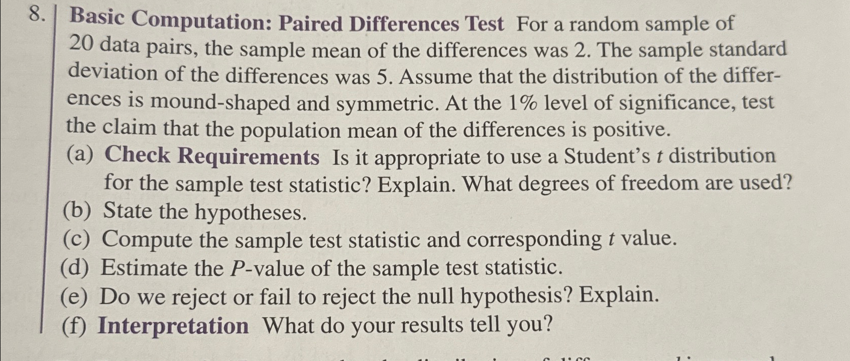 Solved Basic Computation: Paired Differences Test For a | Chegg.com
