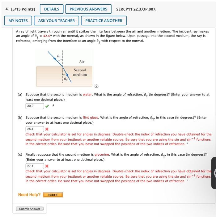 Solved A ray of light travels through air until it strikes | Chegg.com
