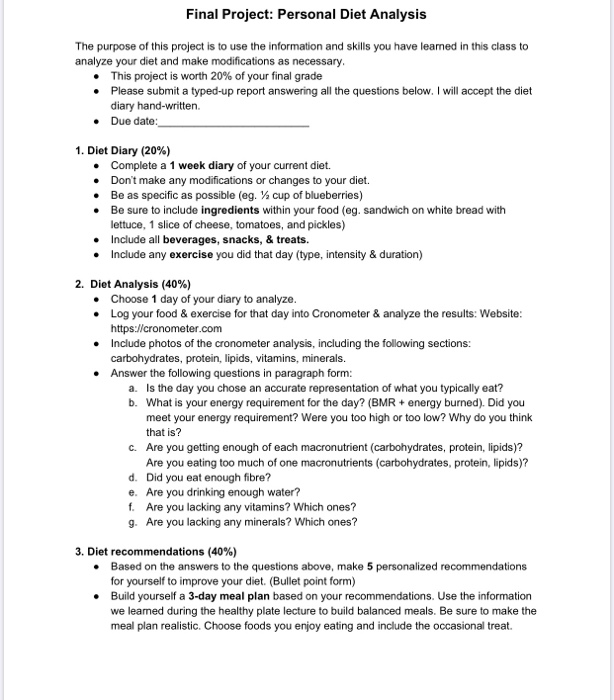 Solved Final Project: Personal Diet Analysis The purpose of | Chegg.com