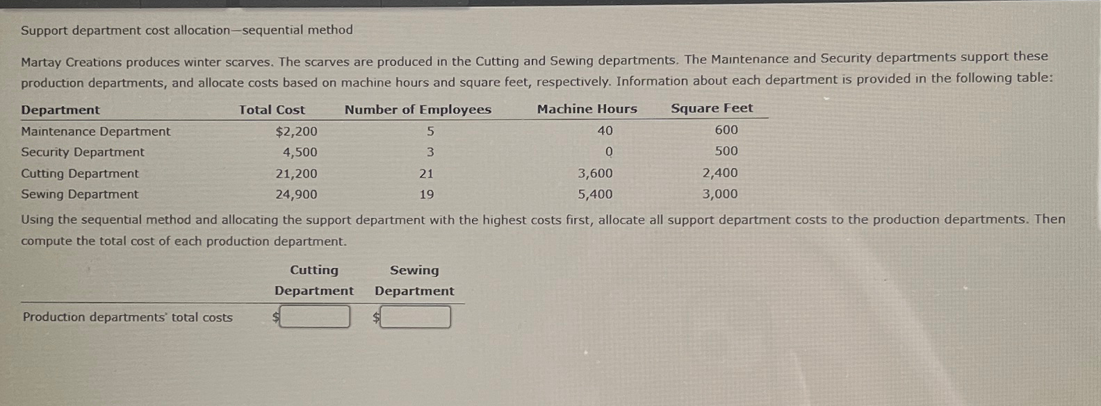 Solved Support department cost allocation-sequential | Chegg.com