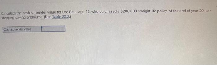 Solved Calculate the cash surrender value for Lee Chin, age | Chegg.com