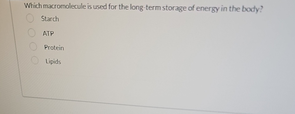 Solved Which macromolecule is used for the long-term storage | Chegg.com