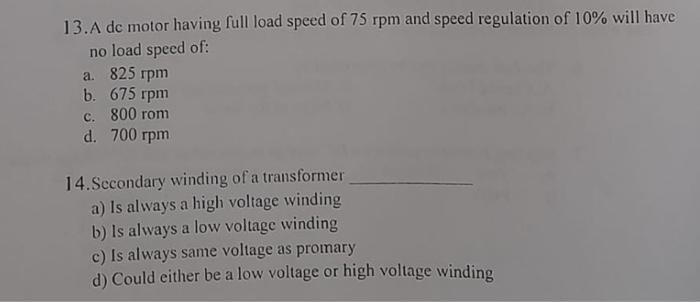 Solved 13. A dc motor having full load speed of 75rpm and | Chegg.com
