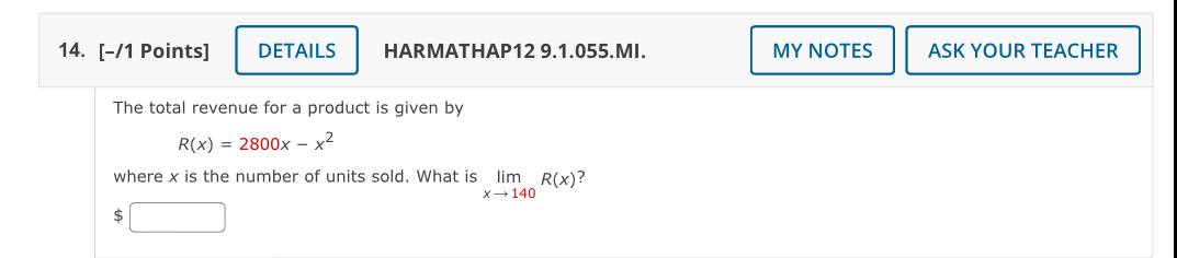Solved [-/1 ﻿Points]HARMATHAP12 9.1.055.MI.The total revenue | Chegg.com