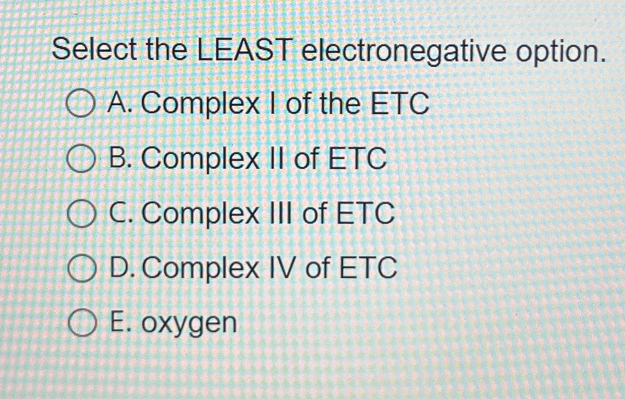 Select the LEAST electronegative option.A. ﻿Complex I | Chegg.com