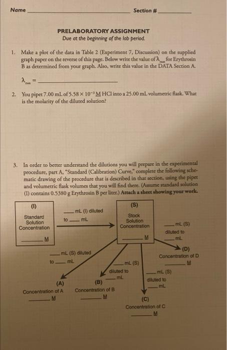 Solved Name Section # PRELABORATORY ASSIGNMENT Due at the | Chegg.com