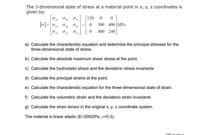Solved The 3-dimensional state of stress at a material point | Chegg.com