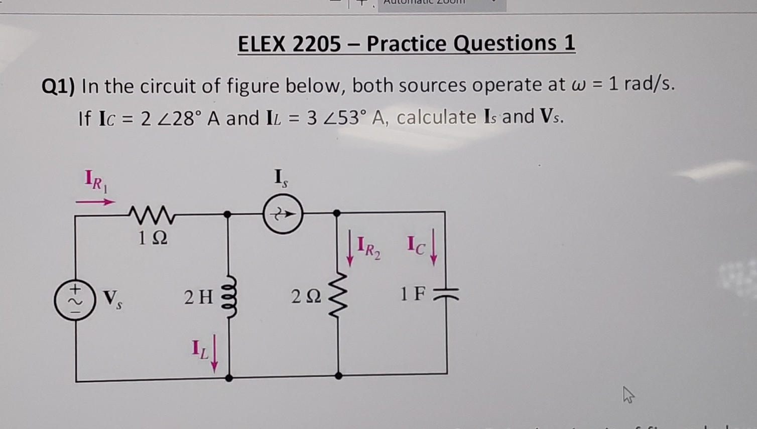 Solved ELEX 2205 - ﻿Practice Questions 1Q1) ﻿In the circuit | Chegg.com