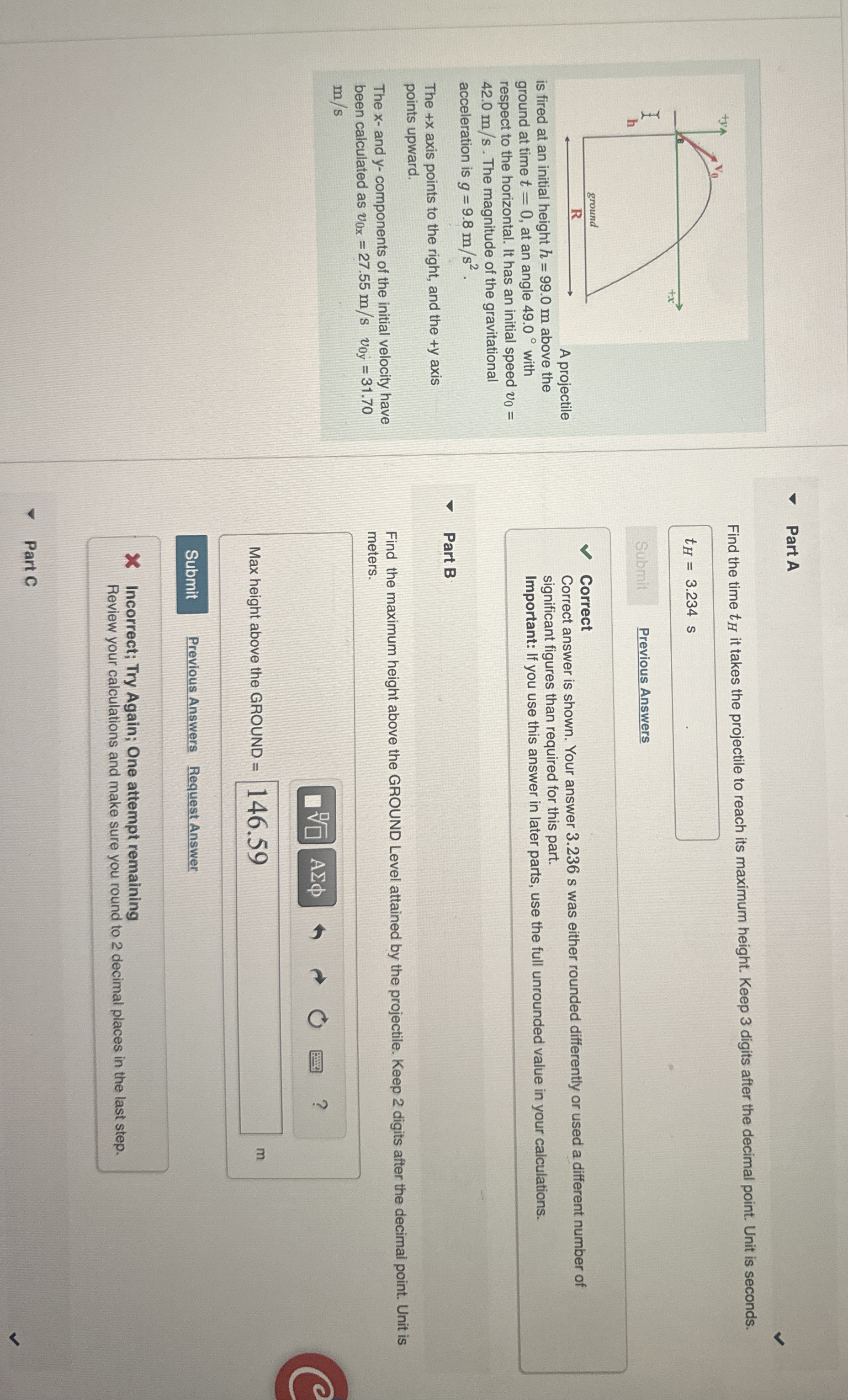 Solved 3ctileis fired at an initial height h=99.0m ﻿above | Chegg.com