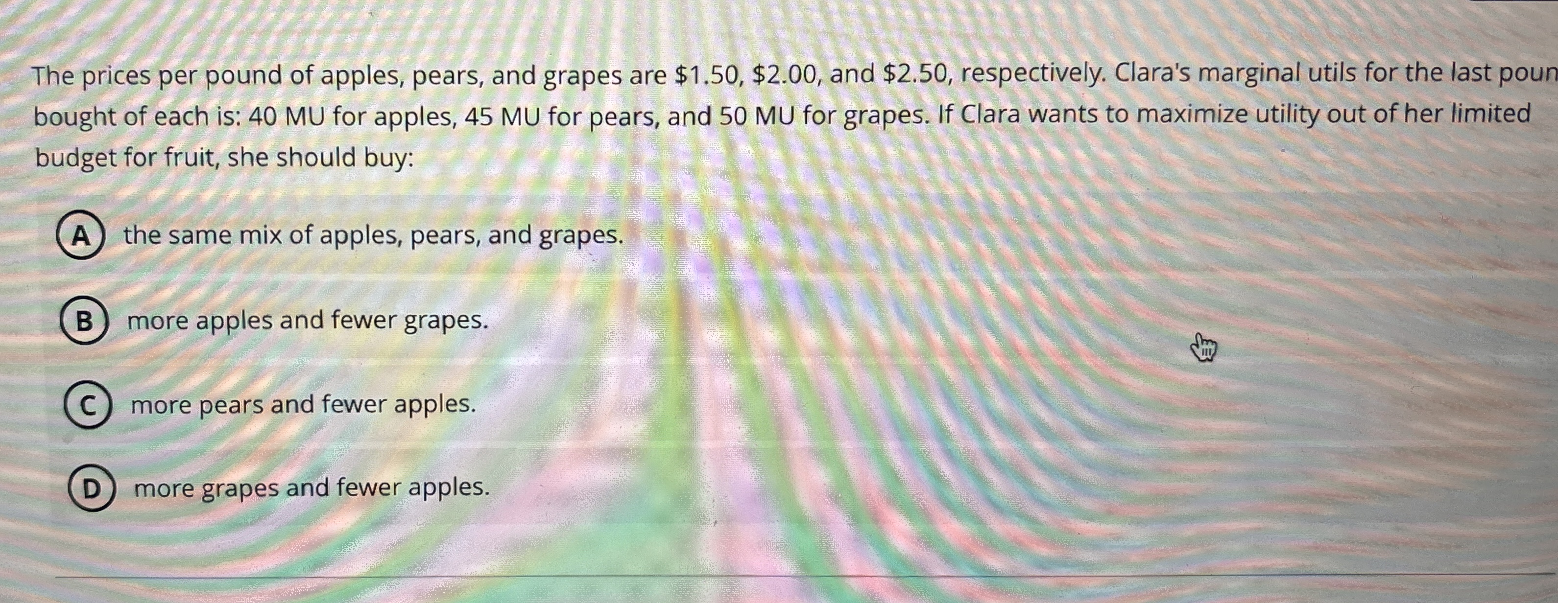 Solved The prices per pound of apples, pears, and grapes are | Chegg.com