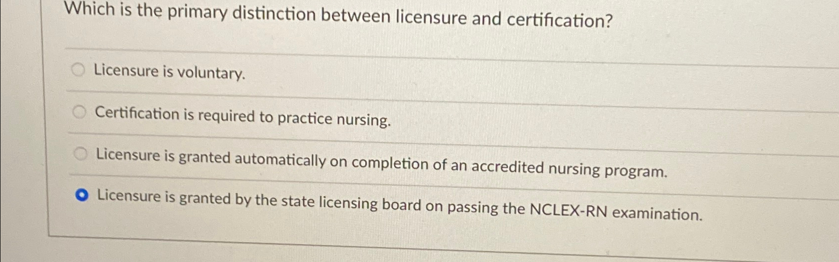 Solved Which is the primary distinction between licensure | Chegg.com