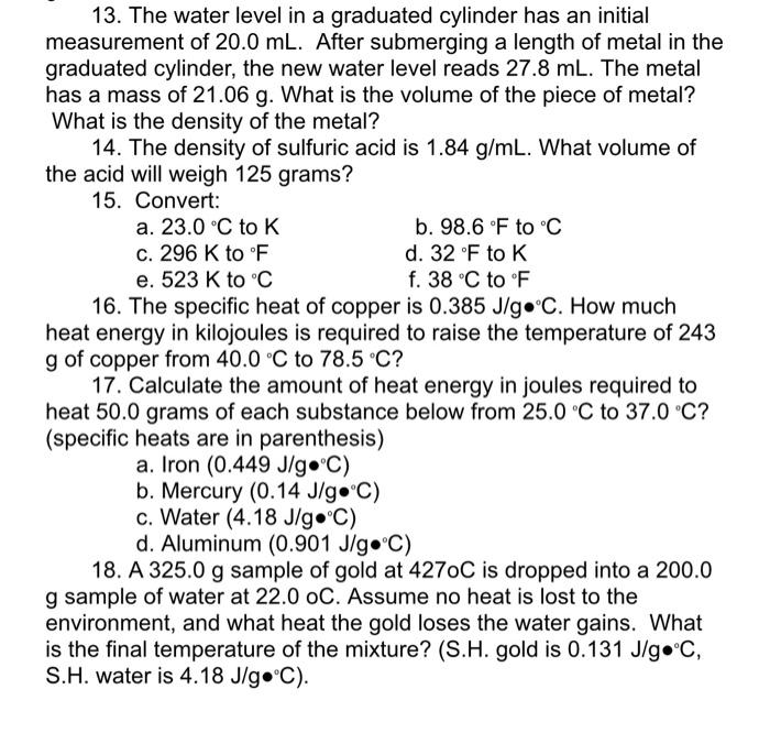 Solved 13. The water level in a graduated cylinder has an | Chegg.com