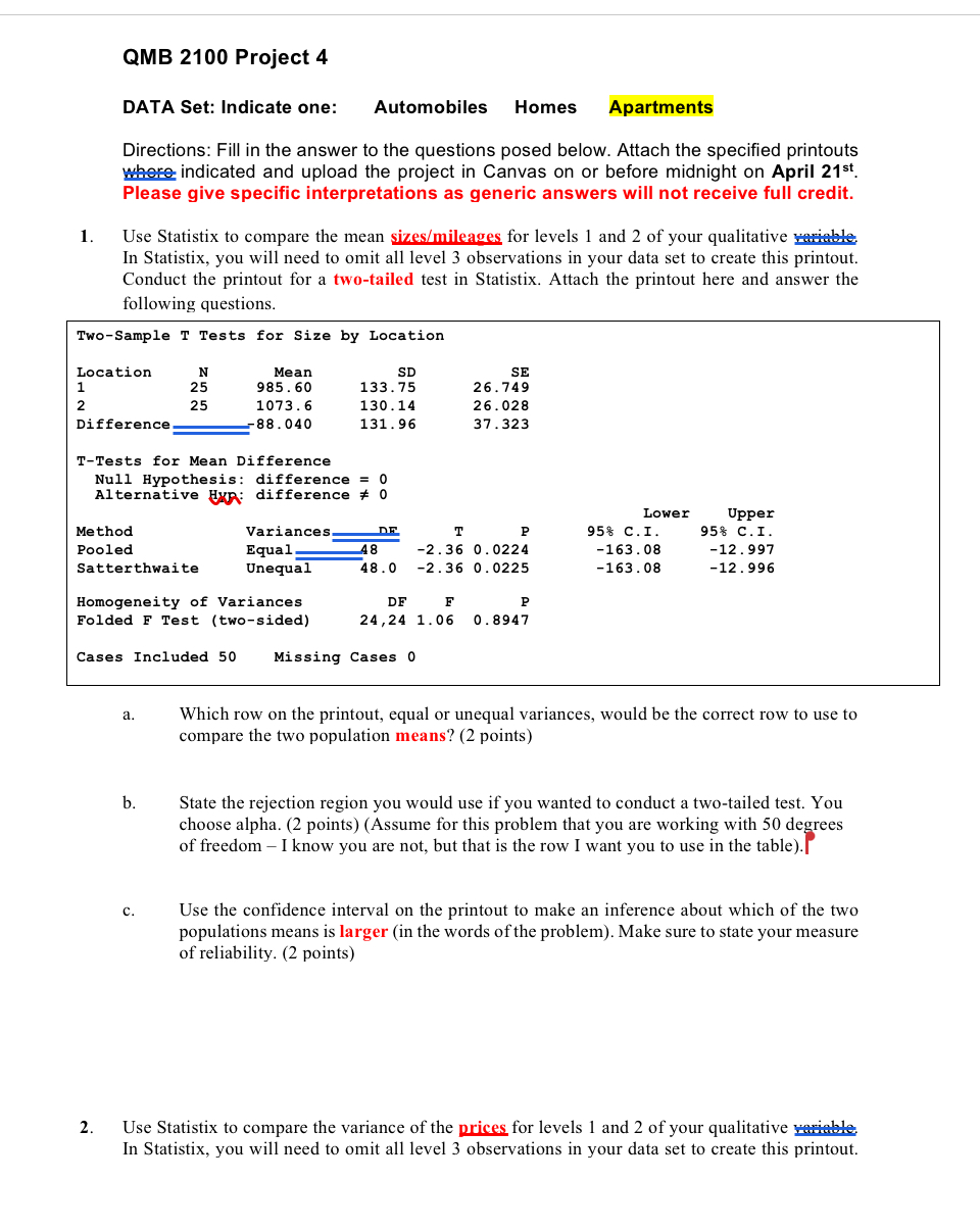 Solved QMB 2100 ﻿Project 4DATA Set: Indicate one: | Chegg.com