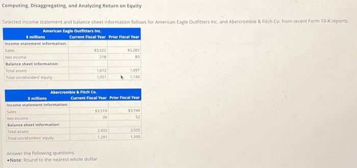 Computing, Disaggregating, and Analyzing Return on | Chegg.com