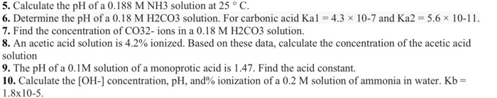Solved 5. Calculate the pH of a 0.188 M NH3 solution at | Chegg.com