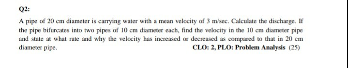 Solved Q2: A pipe of 20 cm diameter is carrying water with a | Chegg.com