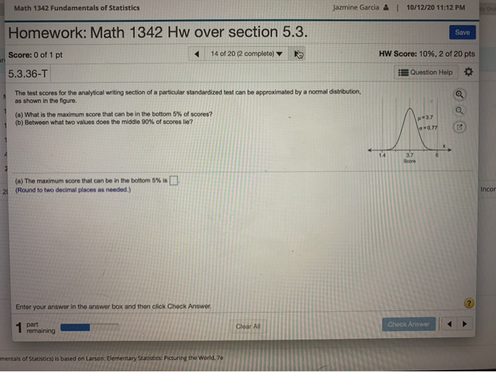 Solved Math 1342 Fundamentals of Statistics Jazmine Garcia & | Chegg.com