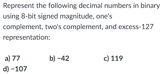 Solved Represent the following decimal numbers in | Chegg.com