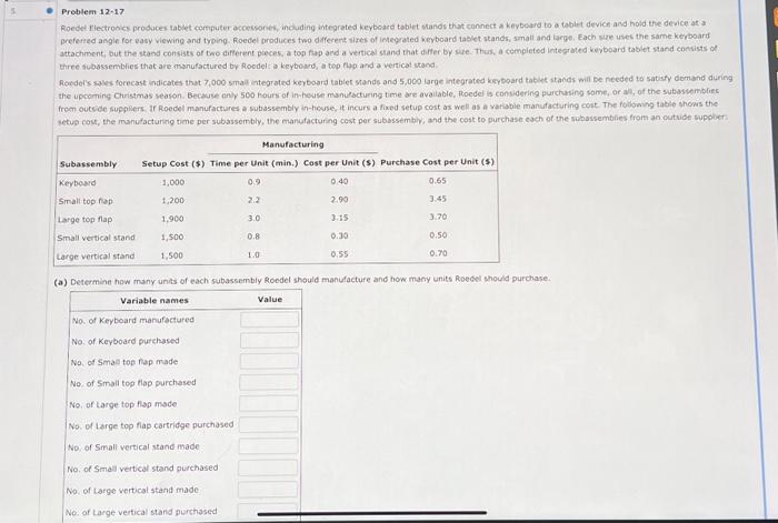 Solved Problem 12-17 thre subassemblies that are | Chegg.com