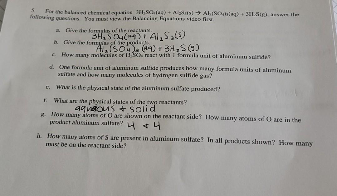 Solved 5. For the balanced chemical equation 3H2SO4(aq) + | Chegg.com