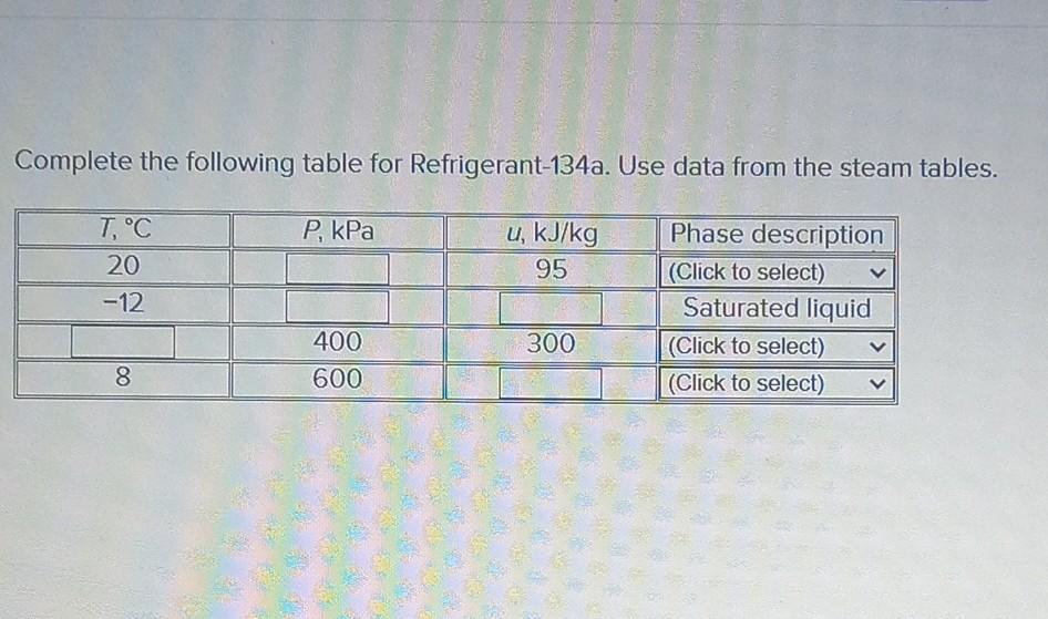 Solved Complete the following table for Refrigerant-134a. | Chegg.com
