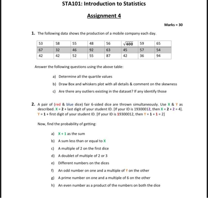Solved STA101: Introduction to Statistics Assignment 4 Marks | Chegg.com