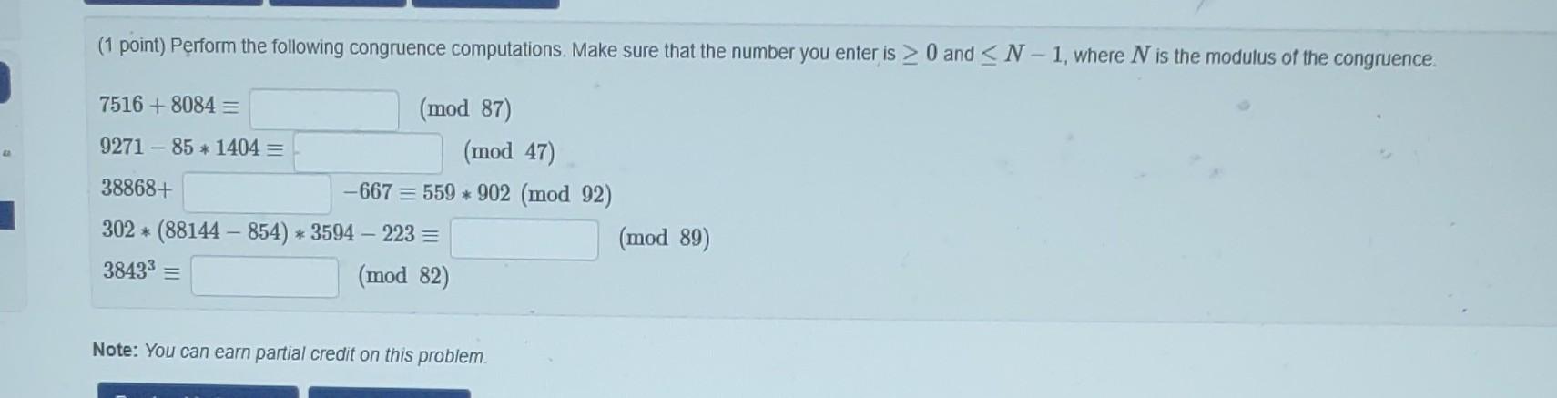 Solved (1 point) Perform the following congruence | Chegg.com