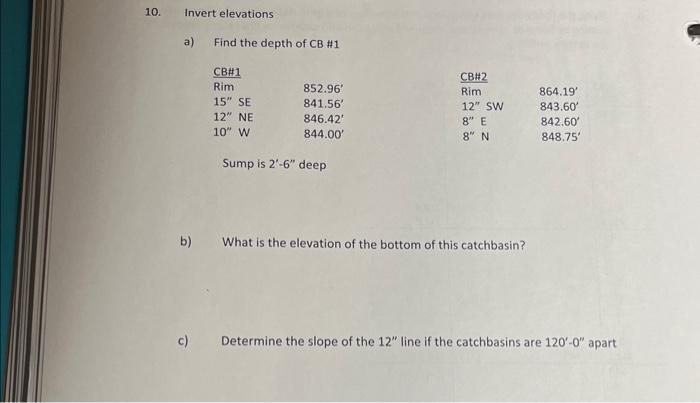 [Solved]: complete question 10 a-c 10. Invert elevations a)