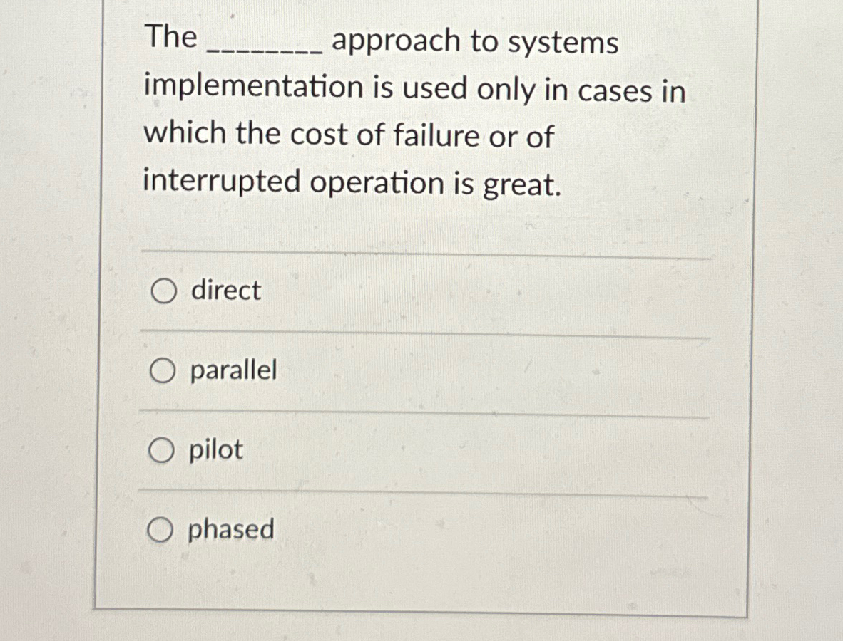 Solved The q, ﻿approach to systems implementation is used | Chegg.com