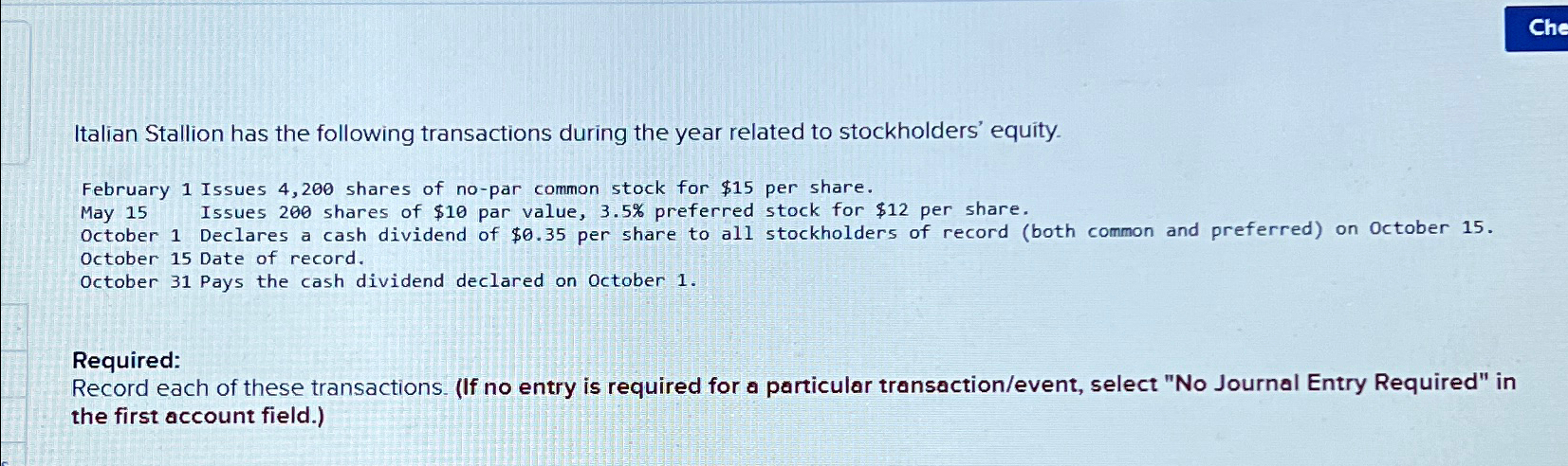 Solved Italian Stallion has the following transactions | Chegg.com