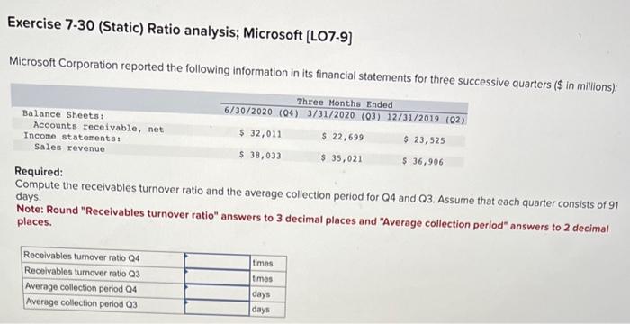 Solved Exercise 7-30 (Static) Ratio analysis; Microsoft | Chegg.com