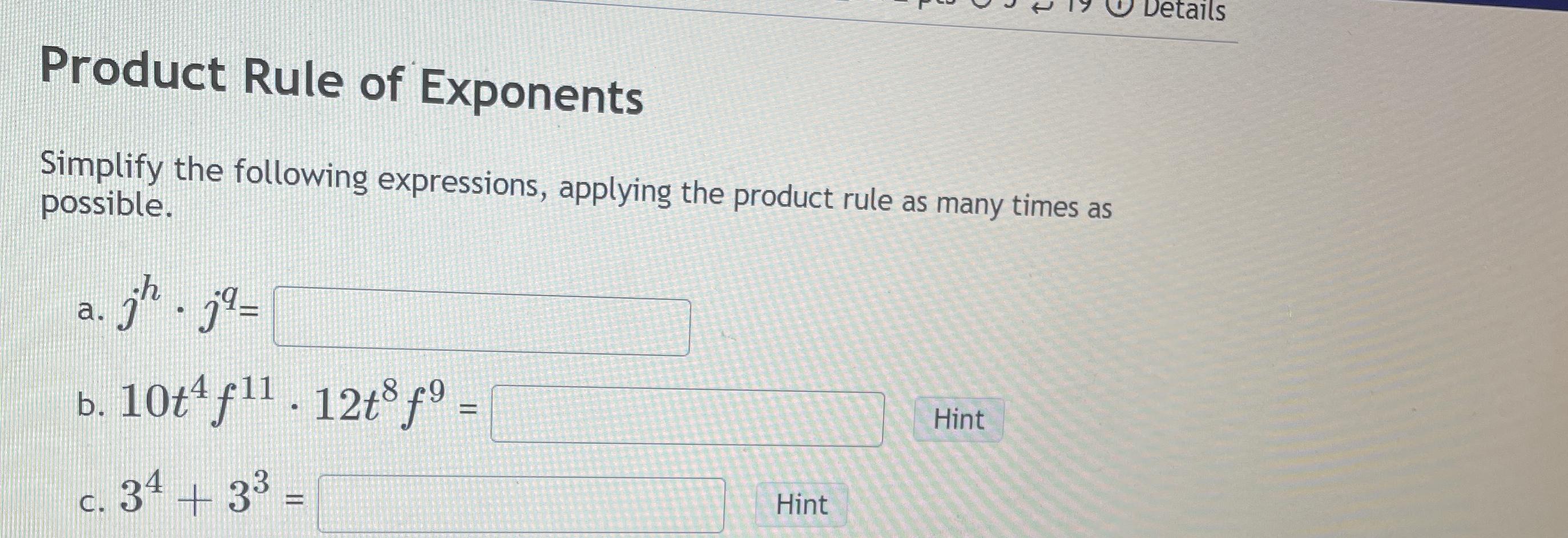 Solved Product Rule of ExponentsSimplify the following | Chegg.com