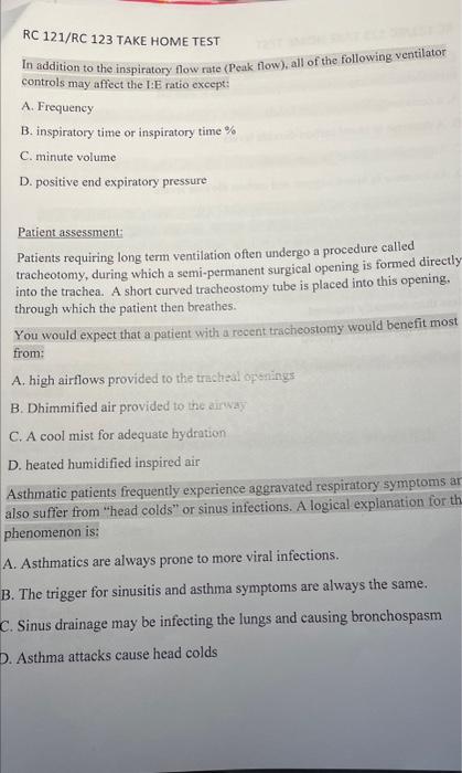 Solved RC 121/RC123 TAKE HOME TEST In addition to the | Chegg.com