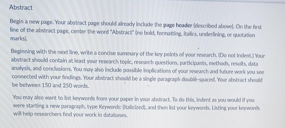 Solved Abstract Begin a new page. Your abstract page should | Chegg.com