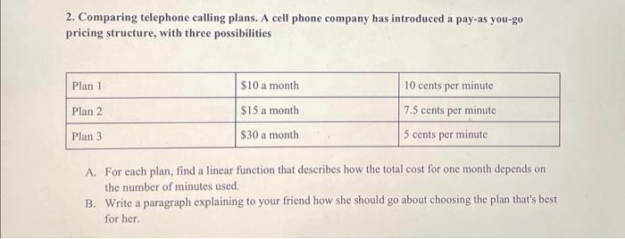 Solved 2. Comparing telephone calling plans. A cell phone | Chegg.com