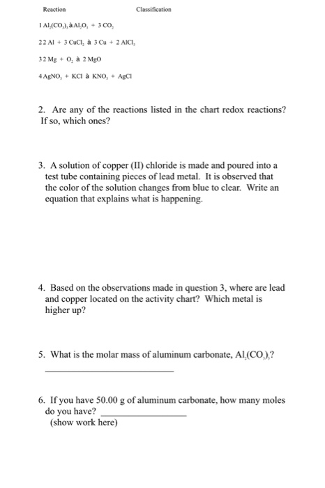 Solved Reaction Classification TAL (CO), à A1,0 + 300 22 AI | Chegg.com