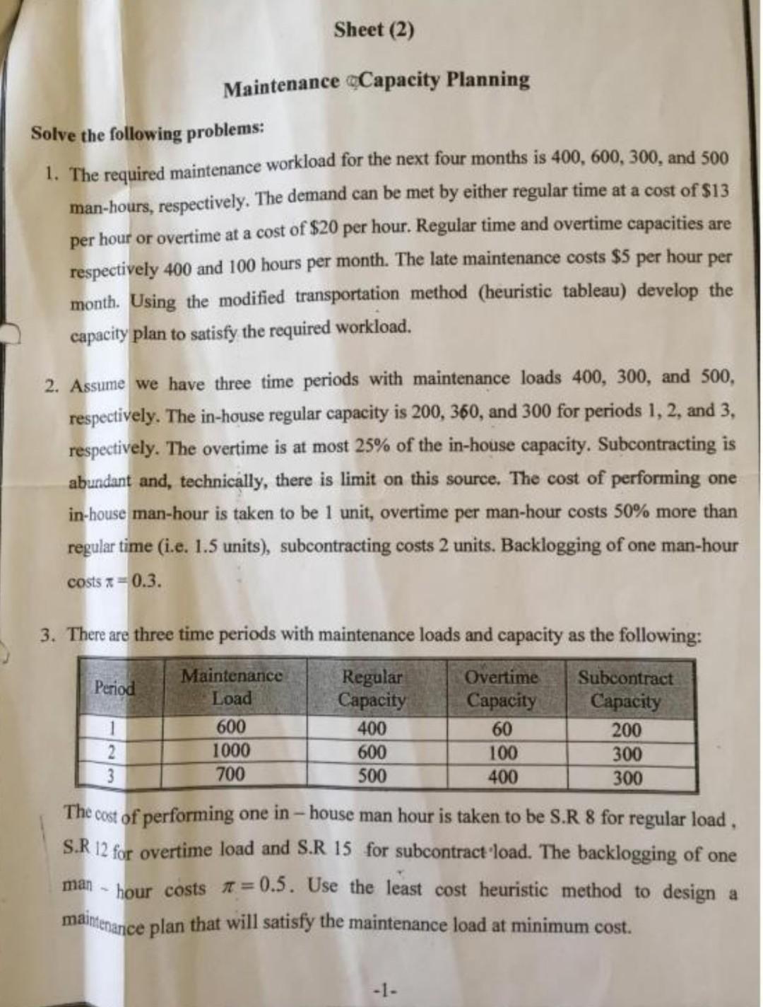 Solved Sheet (2) Maintenance Capacity Planning Solve the | Chegg.com