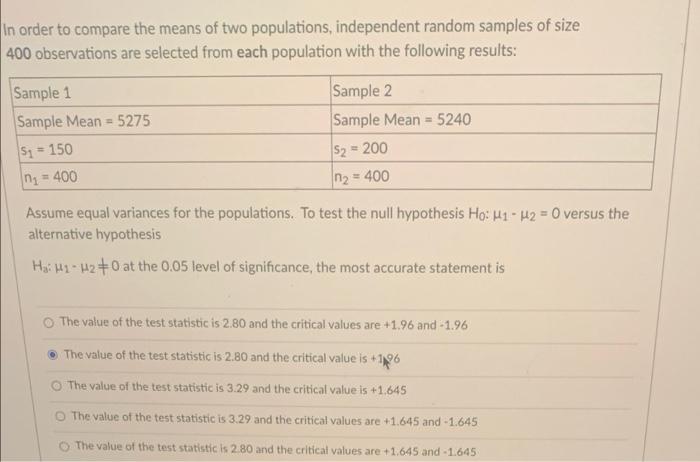 Solved In order to compare the means of two populations, | Chegg.com