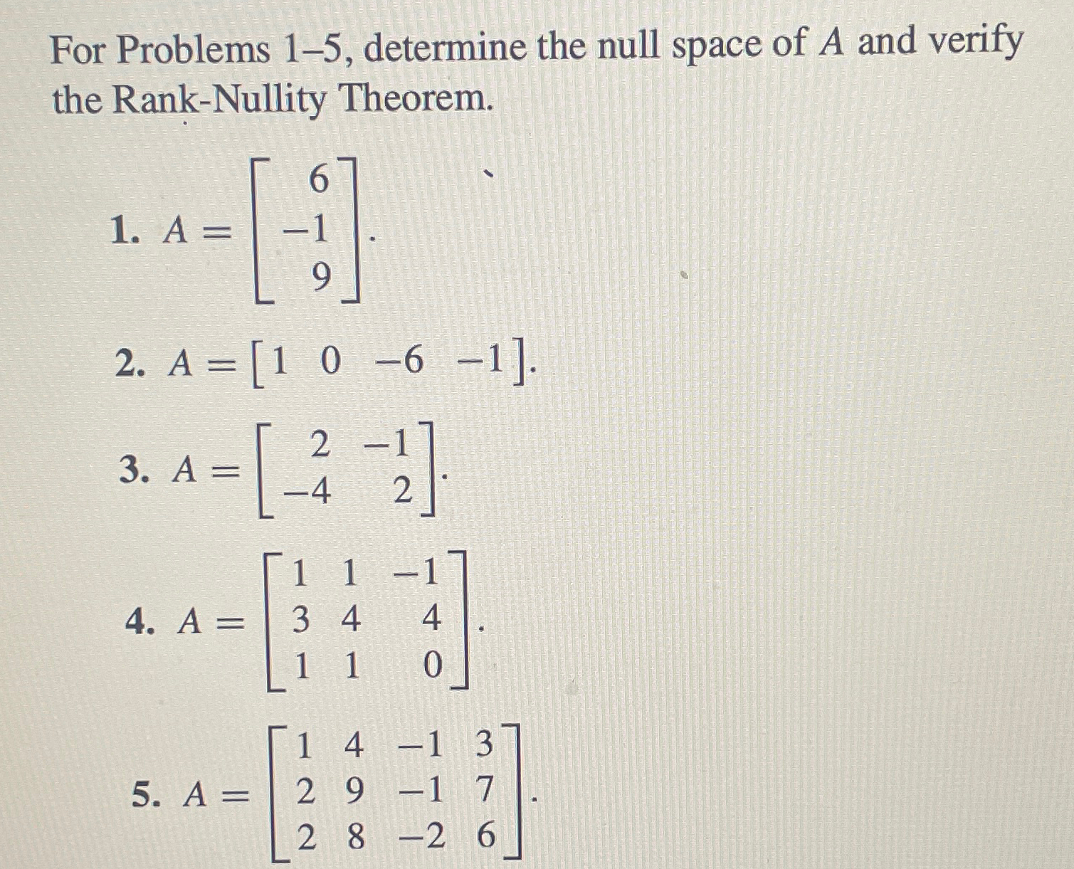 For Problems 1-5, ﻿determine the null space of A and | Chegg.com