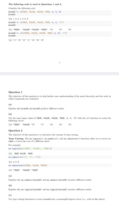 Solved The following code is used in Questions 1 and 2. | Chegg.com