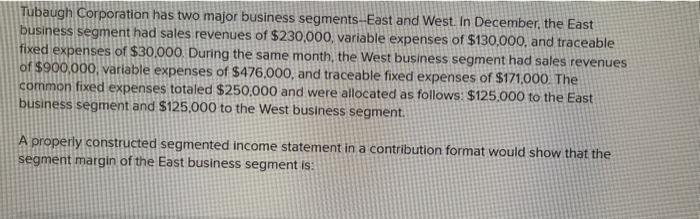 Solved Tubaugh Corporation has two major business | Chegg.com