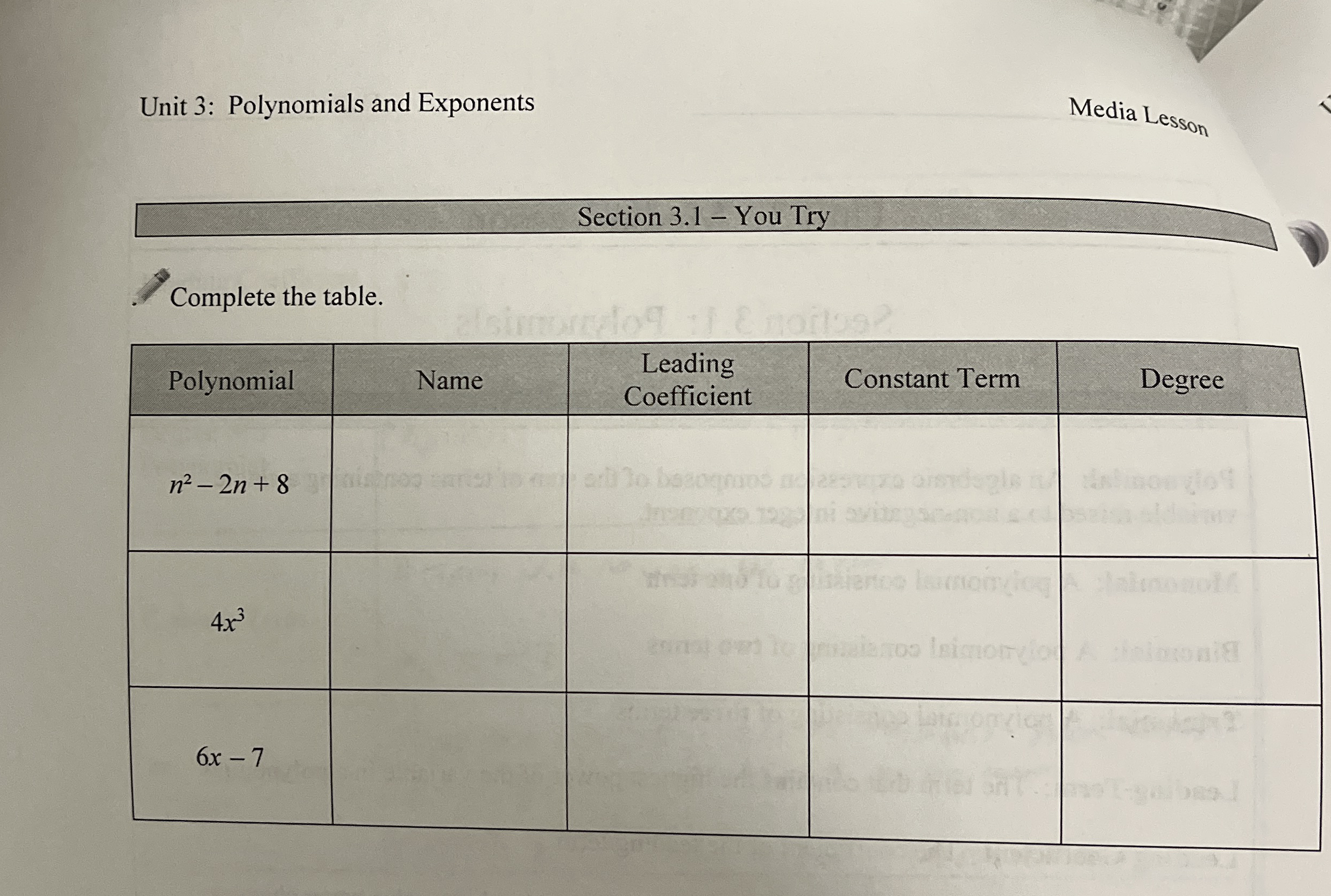 Unit 3: Polynomials and ExponentsMedia LessonSection | Chegg.com