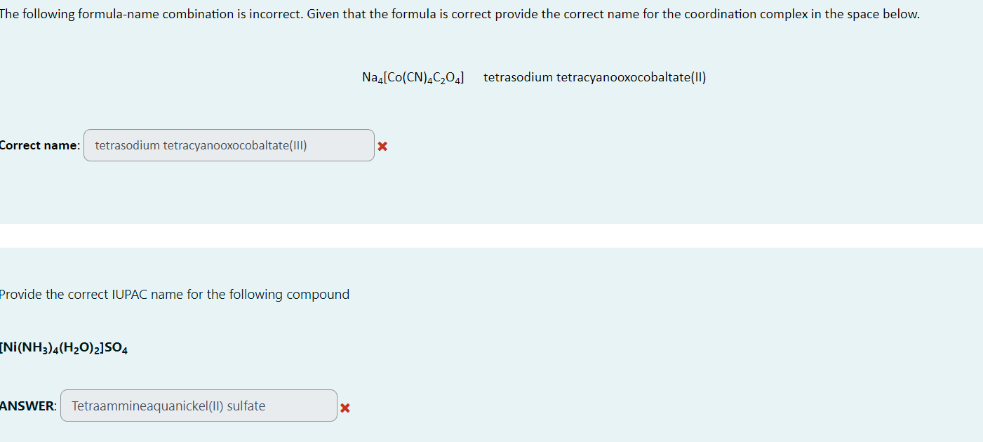 Solved The following formula-name combination is incorrect. | Chegg.com