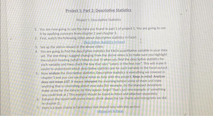 Solved Project 1: Part 2: Descriptive Statistics Project 1: | Chegg.com
