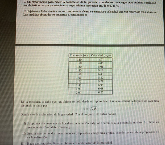 Solved An experiment to measure the acceleration of gravity | Chegg.com